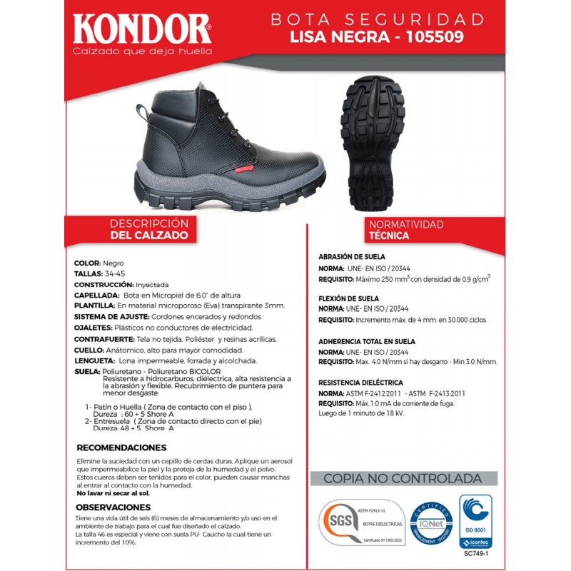 Bota Lisa Kondor Negro Rh Dielectrica Sin Puntera